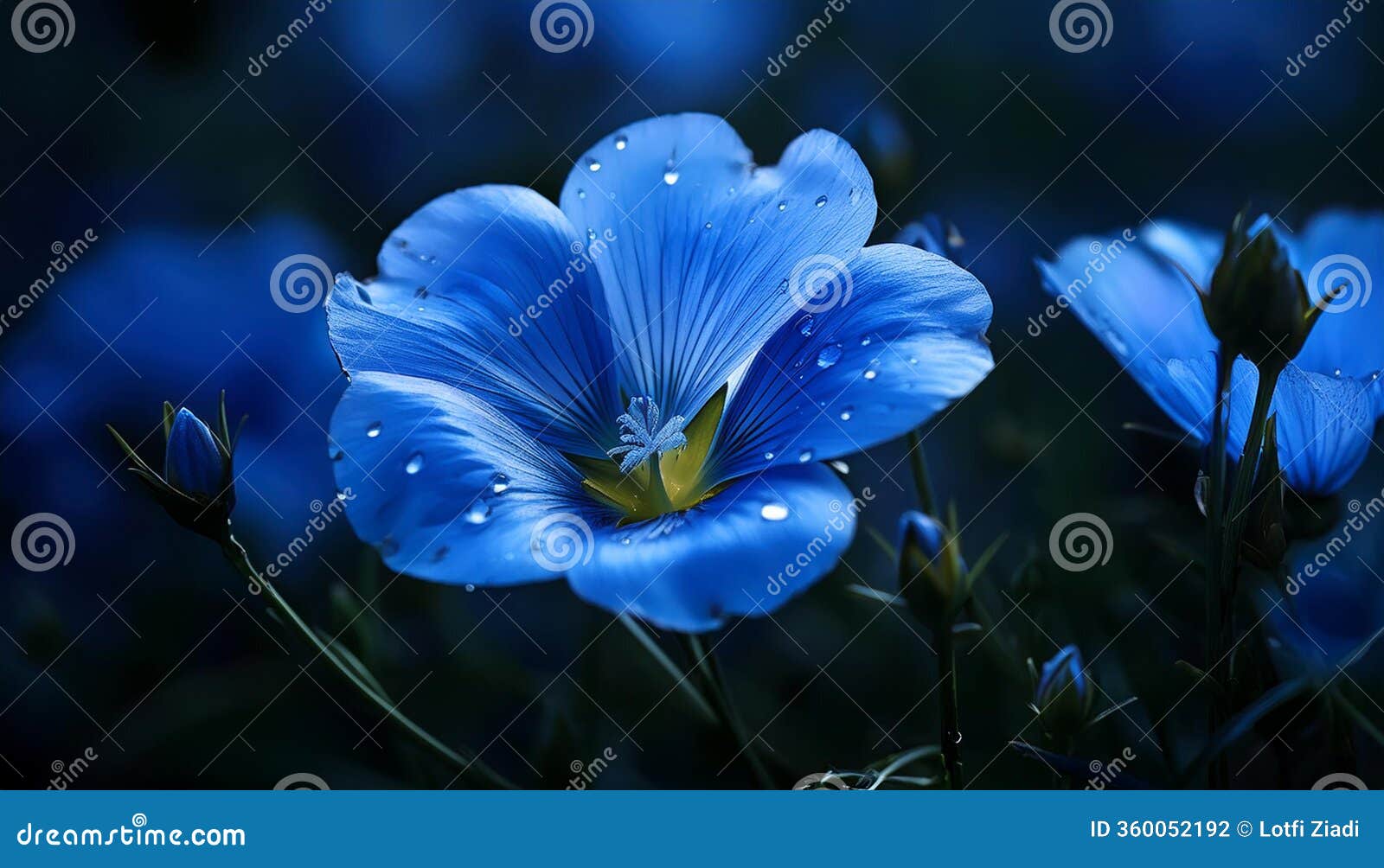 Blue Flax Flower at Night, Moody Nature Backgrounds Stock Illustration ...