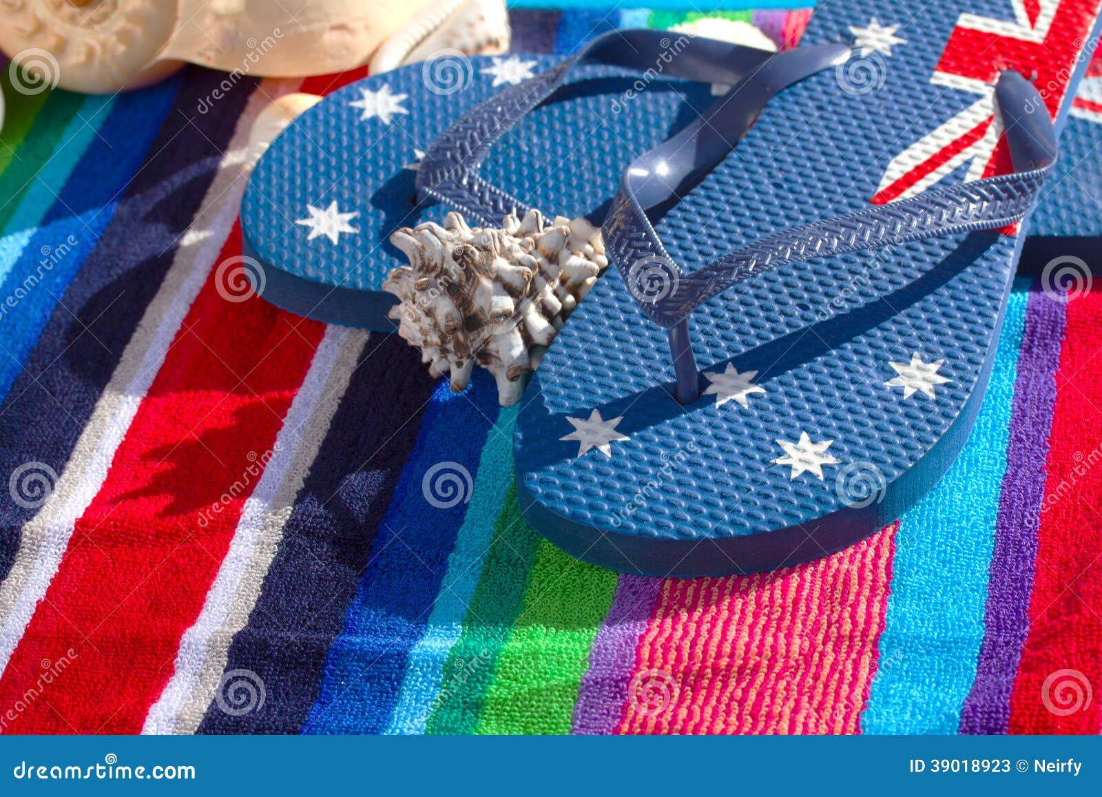 Blue Flip Flops on Beach Towel Stock Image - Image of sandals, girly ...