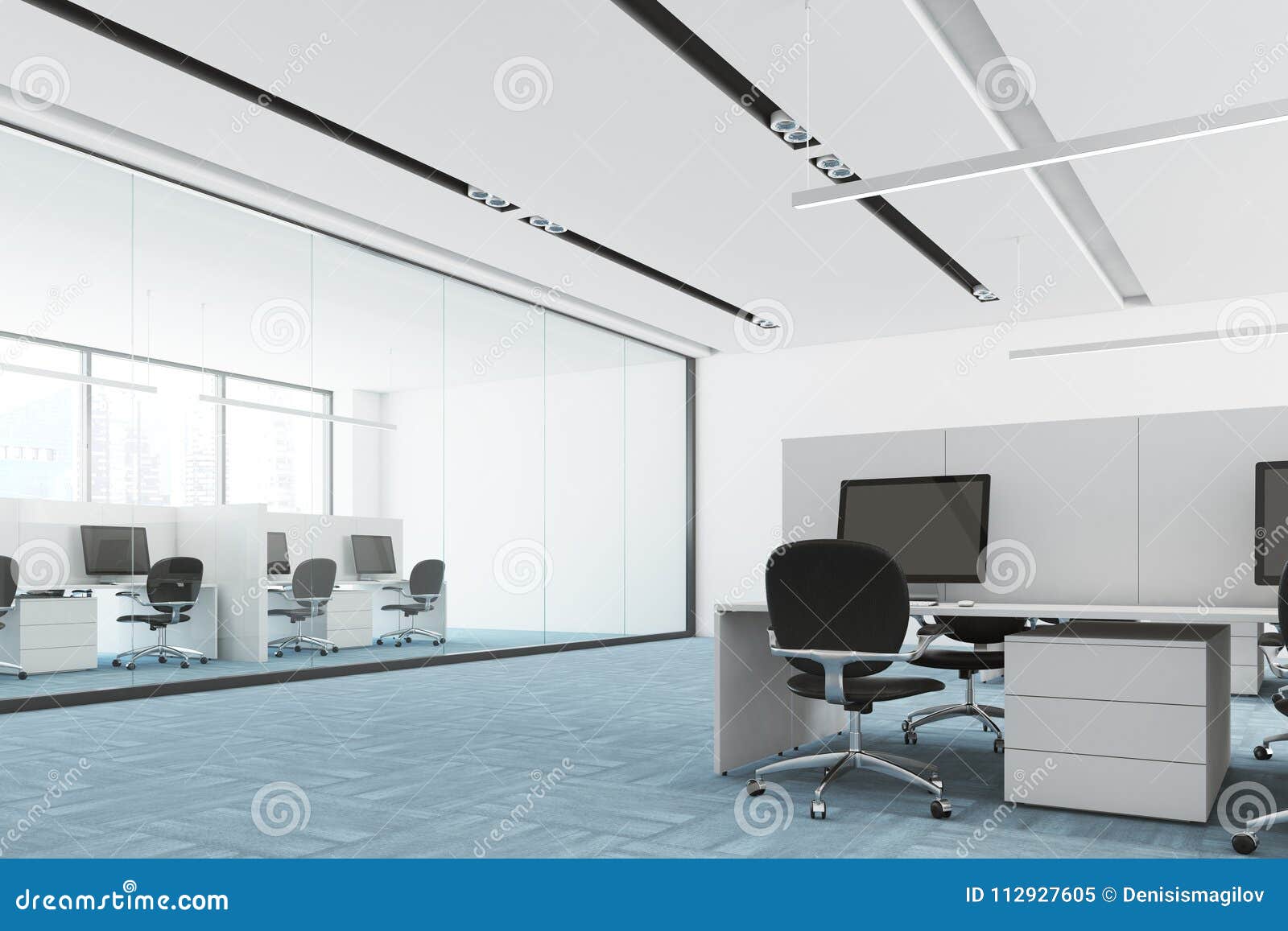 Blue Floor Open Space Office Interior Columns Side Stock Illustration ...