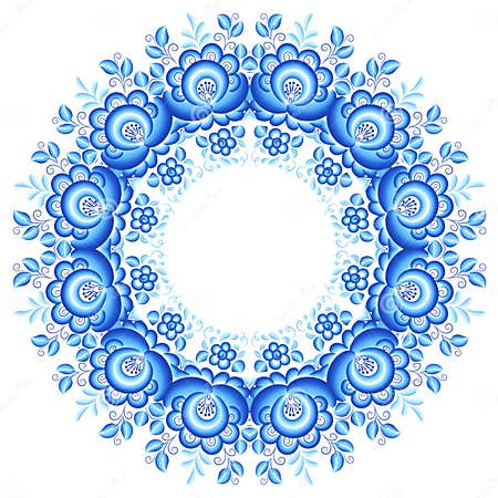 Blue Floral Round Frame in Gzhel Style Stock Vector - Illustration of ...