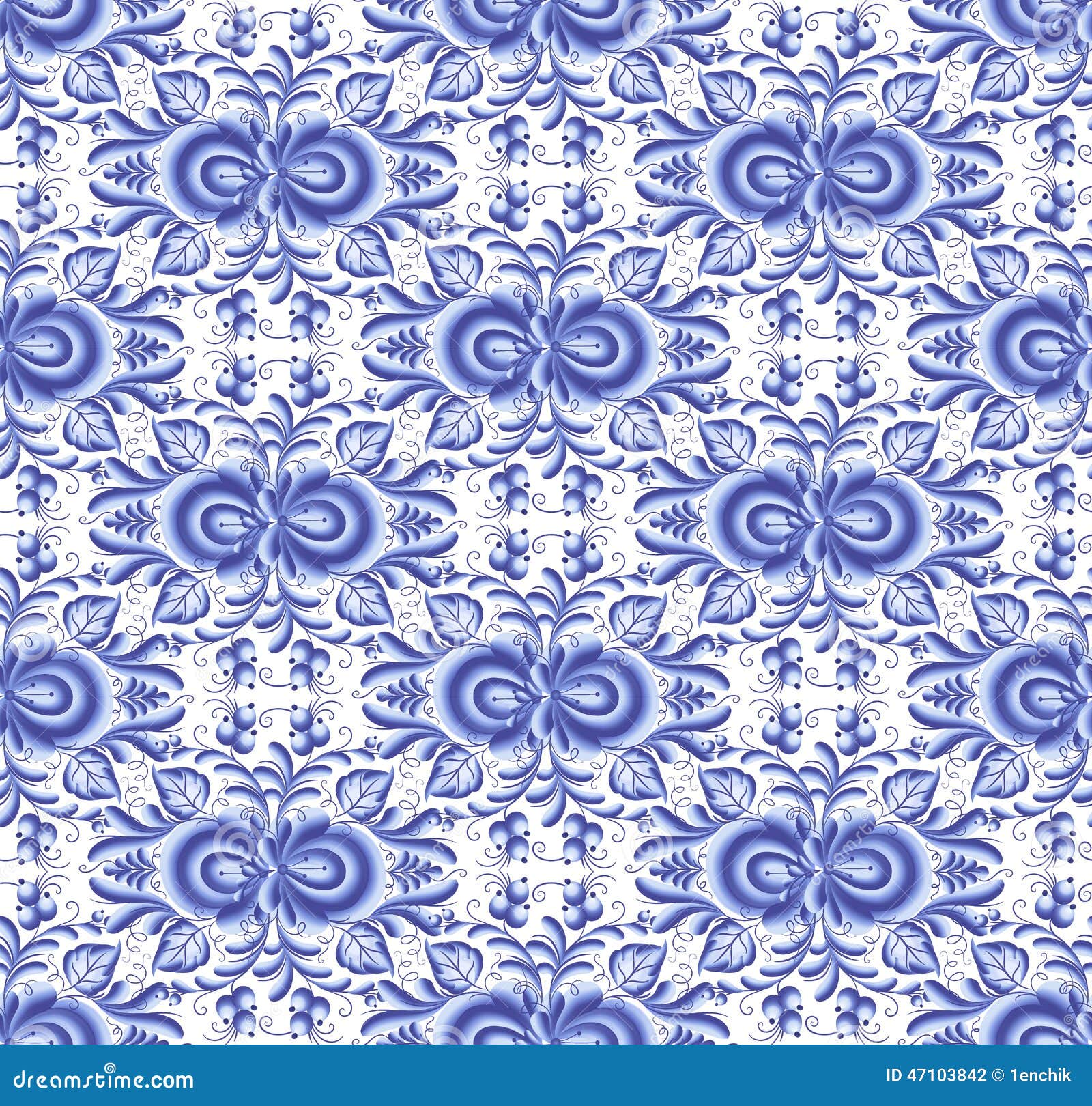 Blue Floral Seamless Pattern in Gzhel Style Stock Vector - Illustration ...