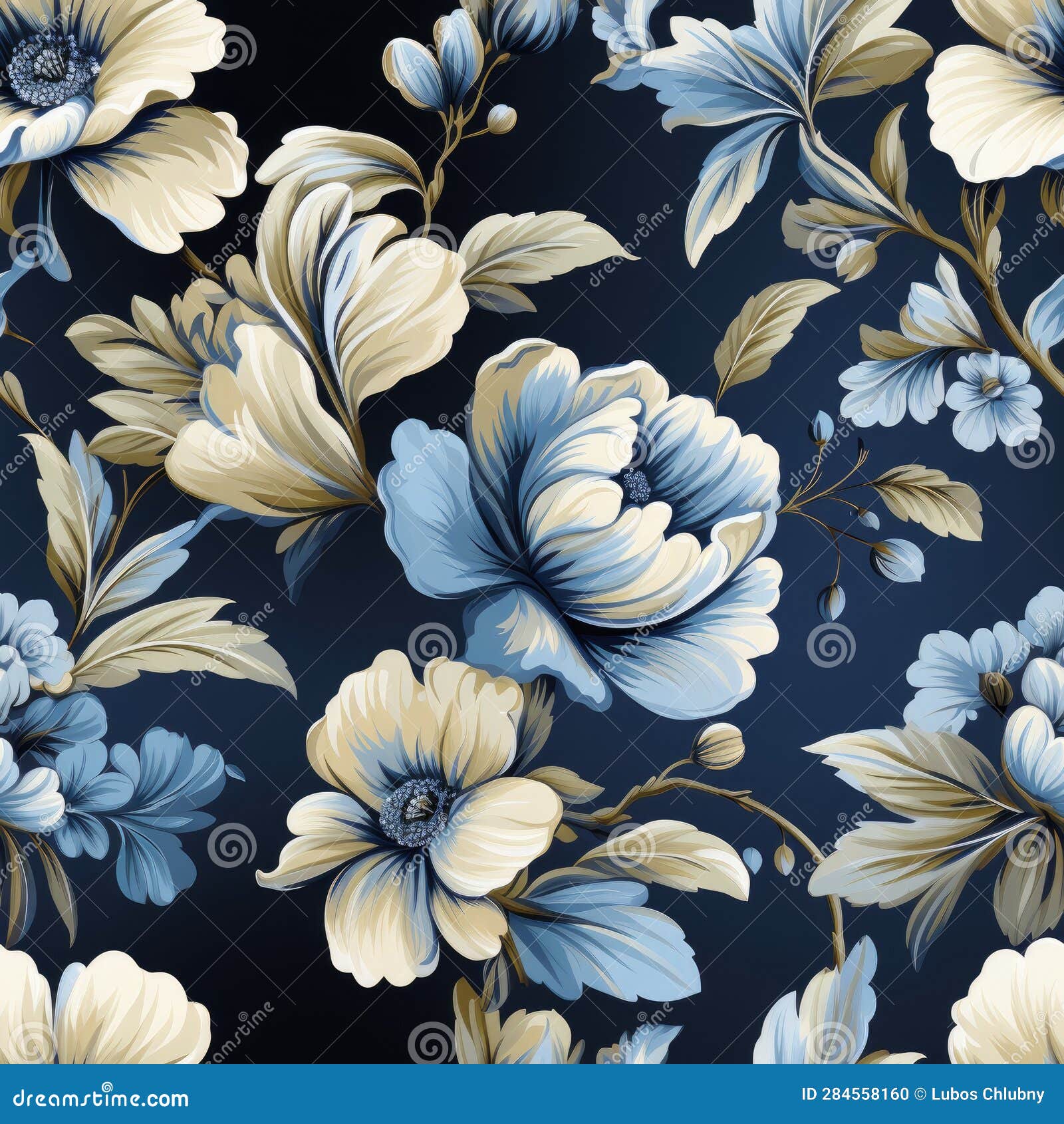 Blue Floral Seamless Pattern Wallpaper on the Wall. Stock Illustration ...