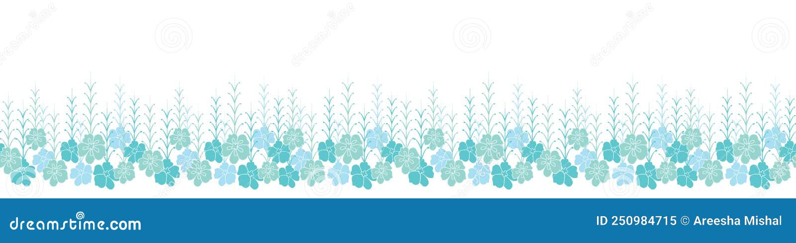 Blue Floral Shrubs Hand Drawn Elements Horizontal Seamless Border ...