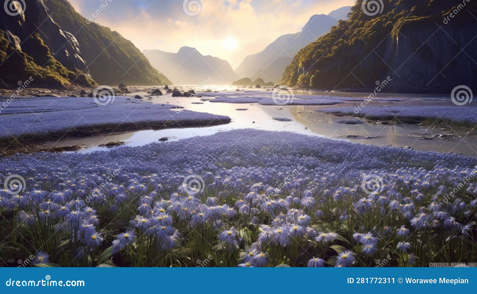 Blue Flower Field by the River in Nature Light, Mountain Reflection in ...