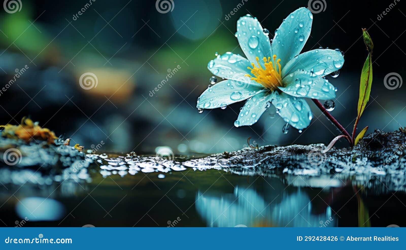 A Blue Flower with Water Droplets on it is Reflected in the Water Stock ...