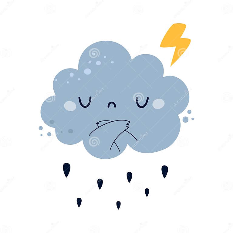 Blue Fluffy Cloud with Grumpy Face and Folded Arms Pouring Rain Drop ...