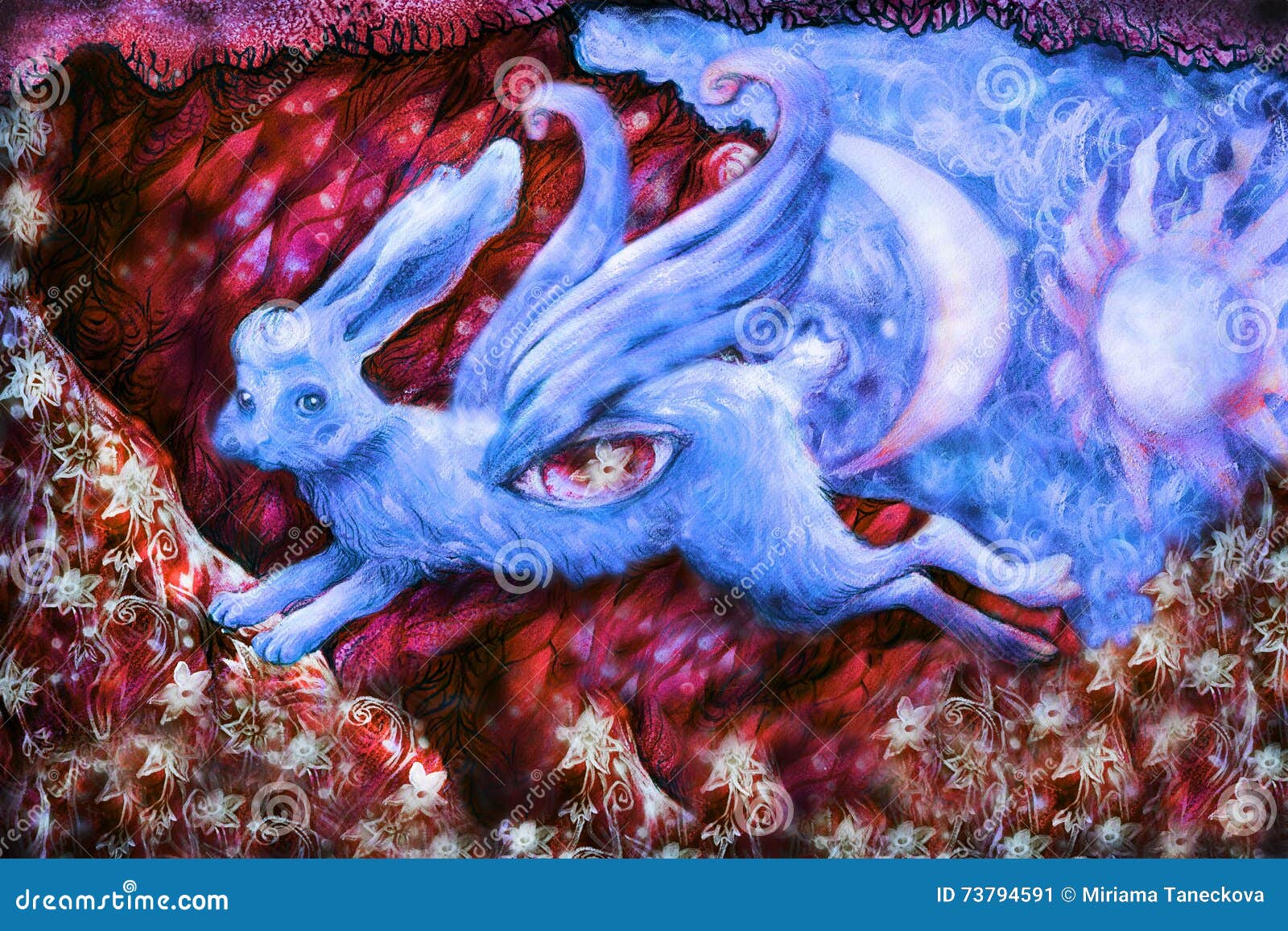 Blue Flying Dreamy Rabbit in Fairy-tale Land, Illustration Stock ...