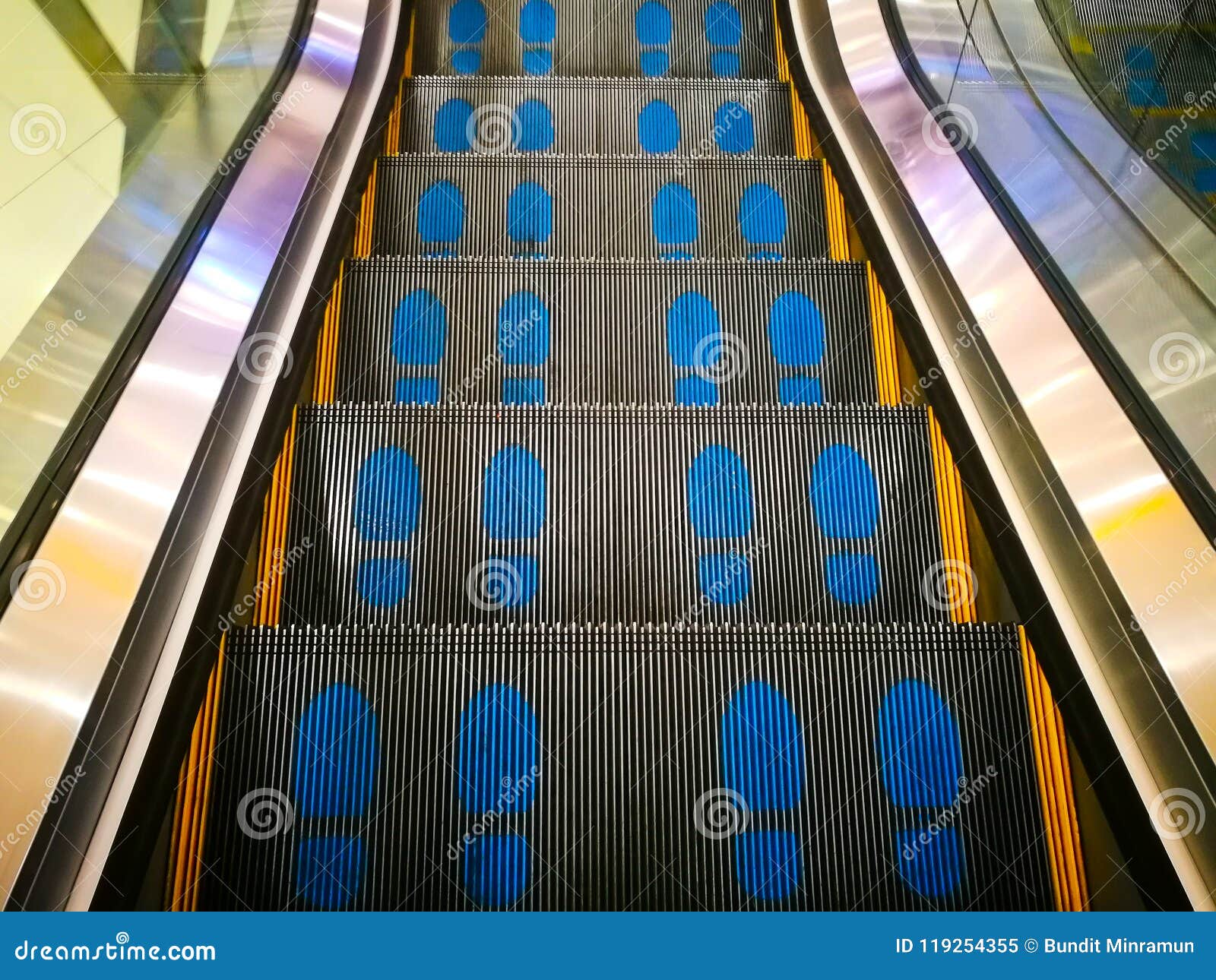 Blue Footprints Mark on Escalator Stair. Stock Image - Image of detail ...