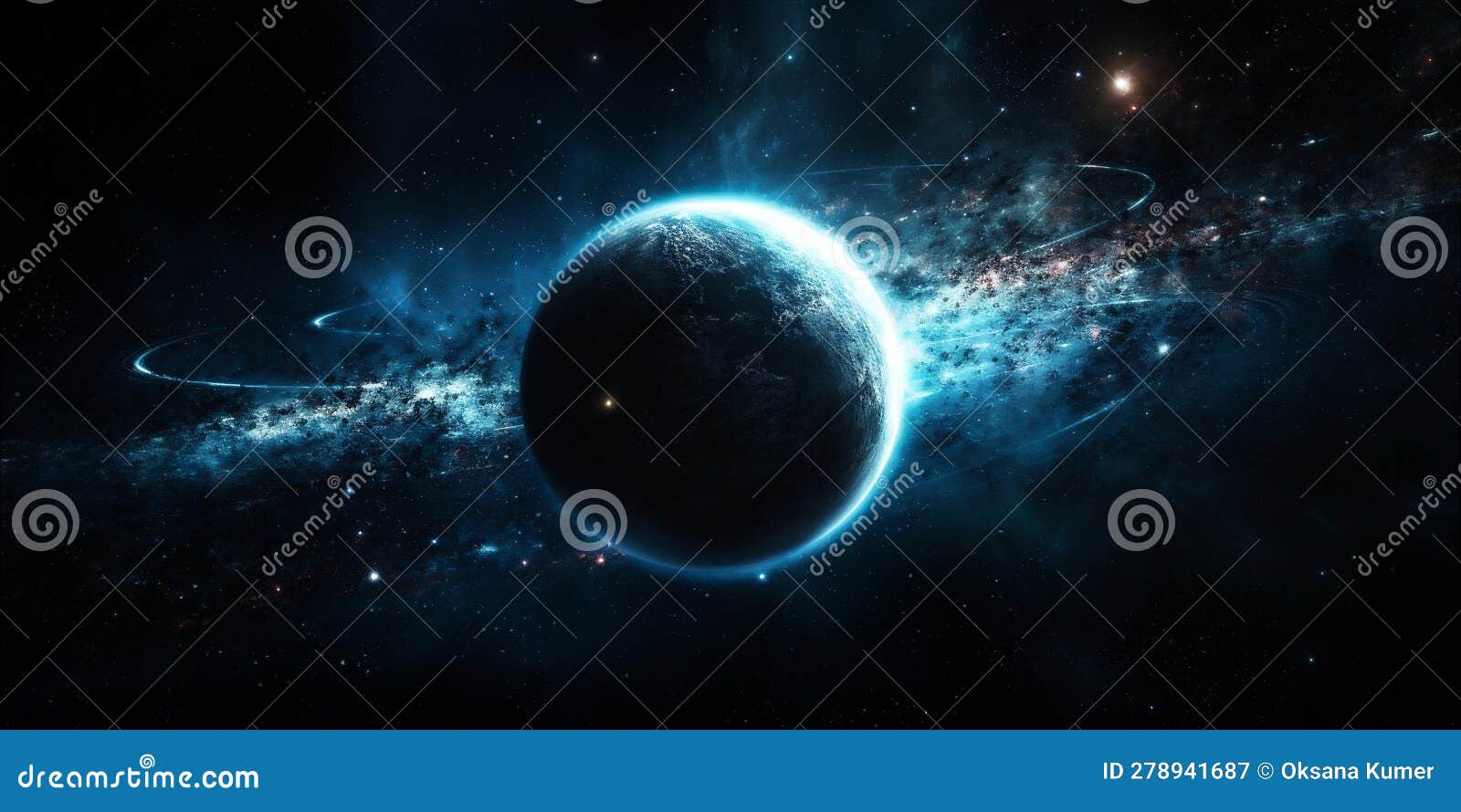 Blue Force Field Covering Planet in Space, Nebula Background. AI ...