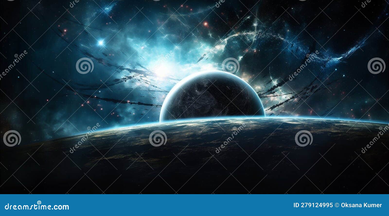 Blue Force Field Covering Planet in Space, Nebula Background. AI ...
