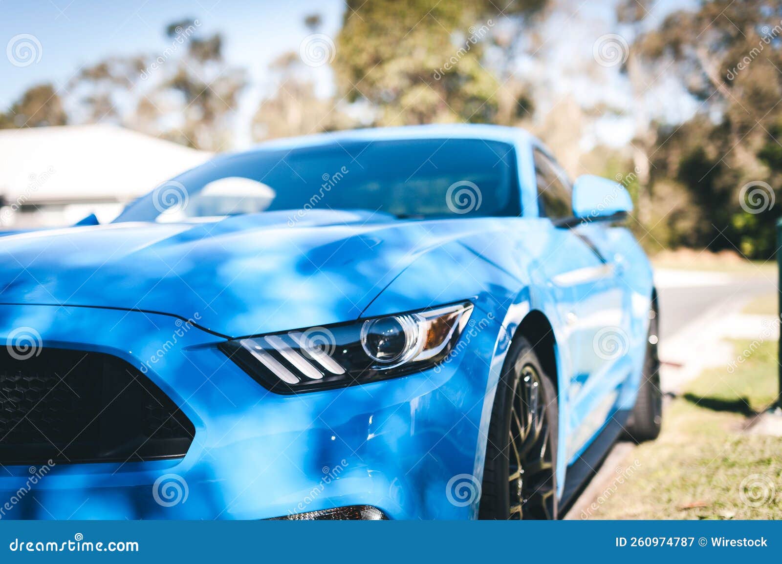 Blue Ford Mustang Front Headlight Editorial Photography - Image of ...