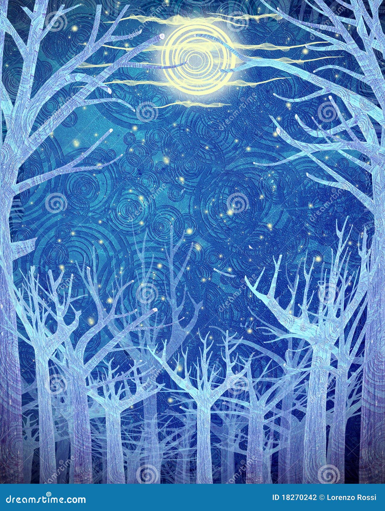 Blue forest and full moon stock illustration. Illustration of trees ...