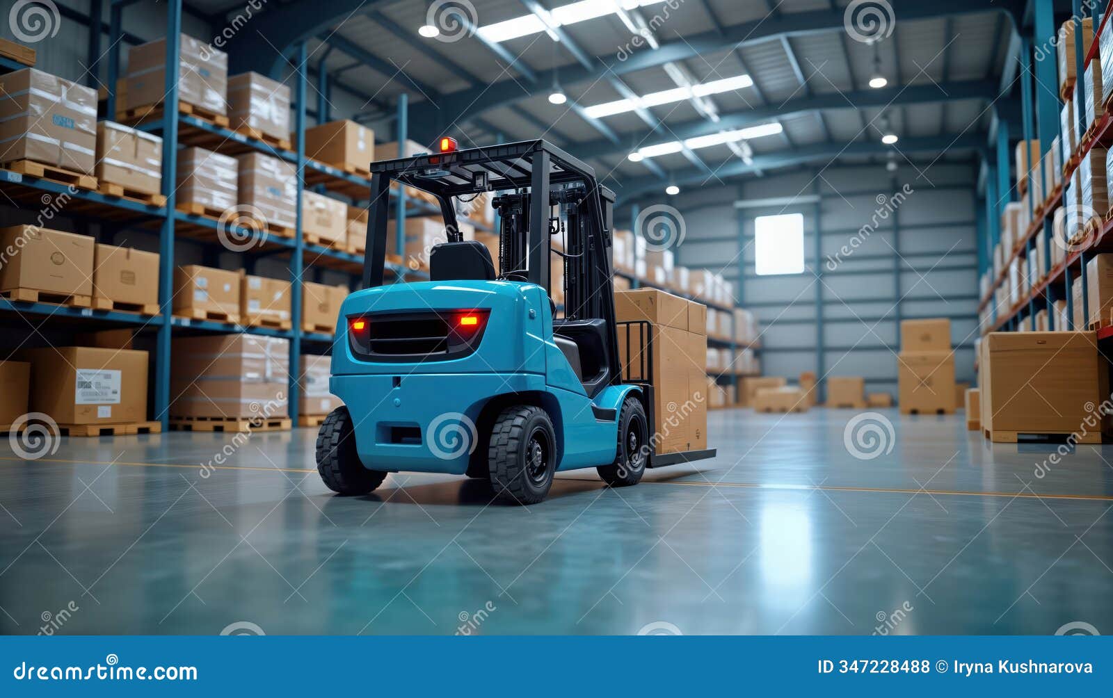Blue Forklift Moves Boxes in a Big Warehouse. Pallets Stack High ...