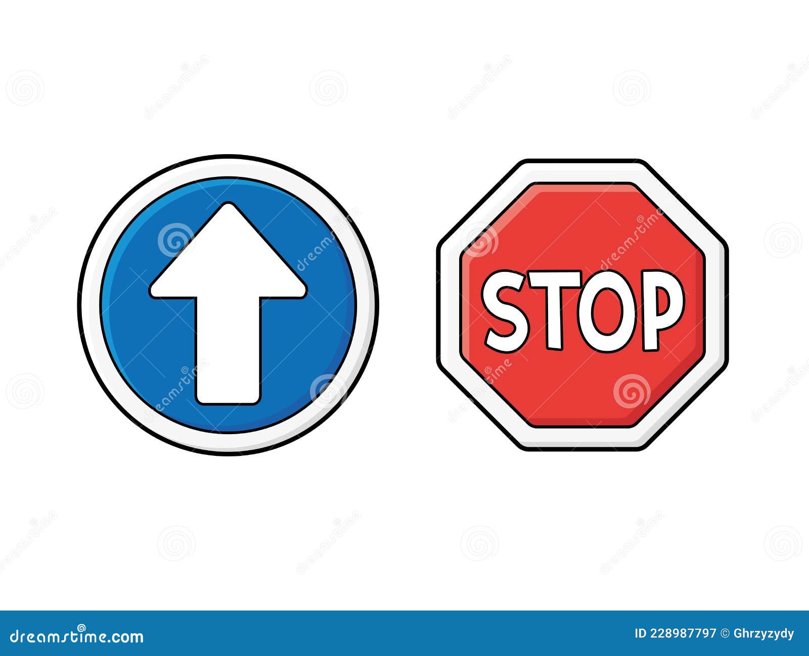 Blue Forward Direction Arrow and Stop Traffic Signs Stock Vector ...