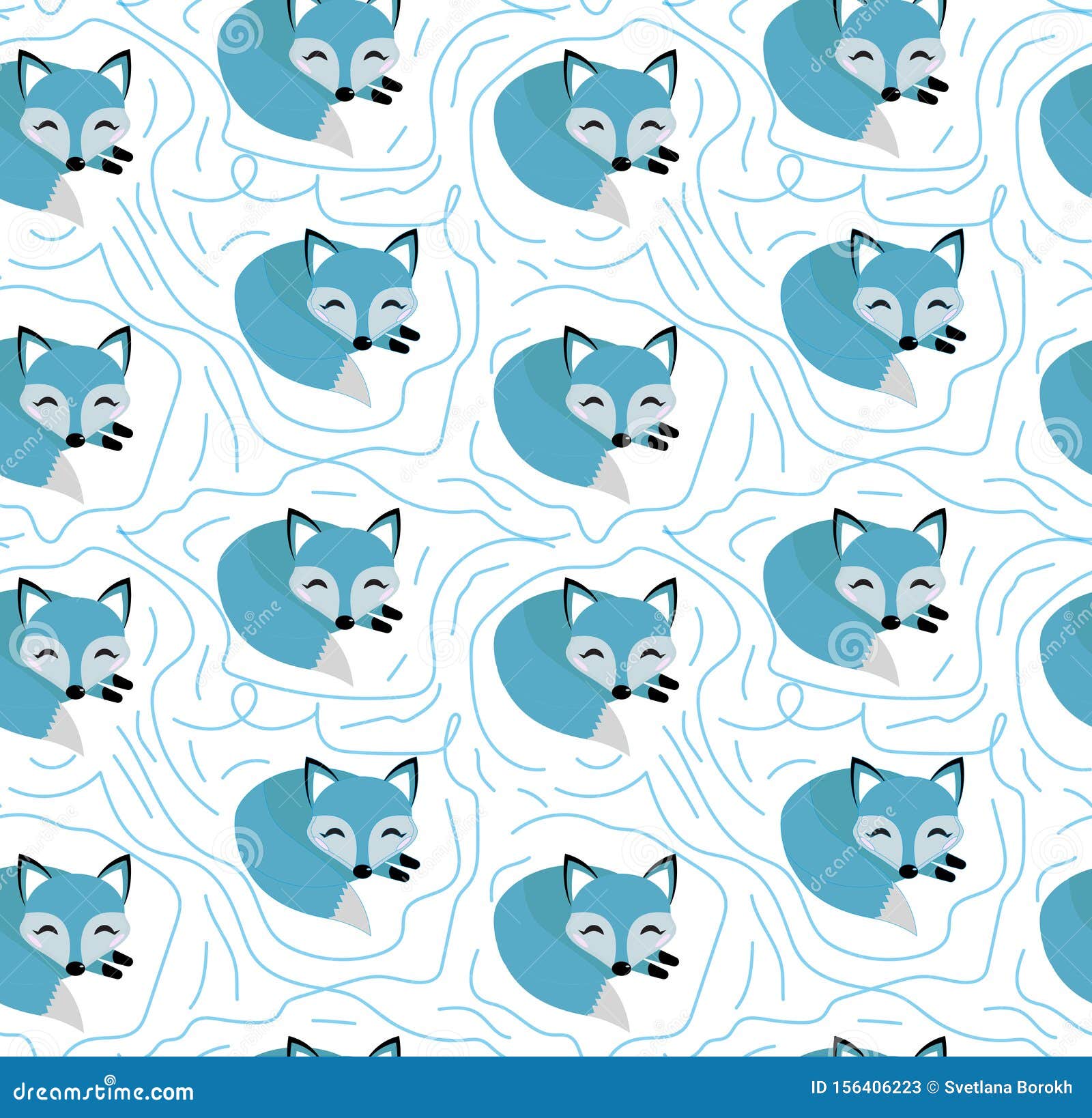 Blue Fox Seamless Pattern. Kids, Baby Endless Background, Repeating ...