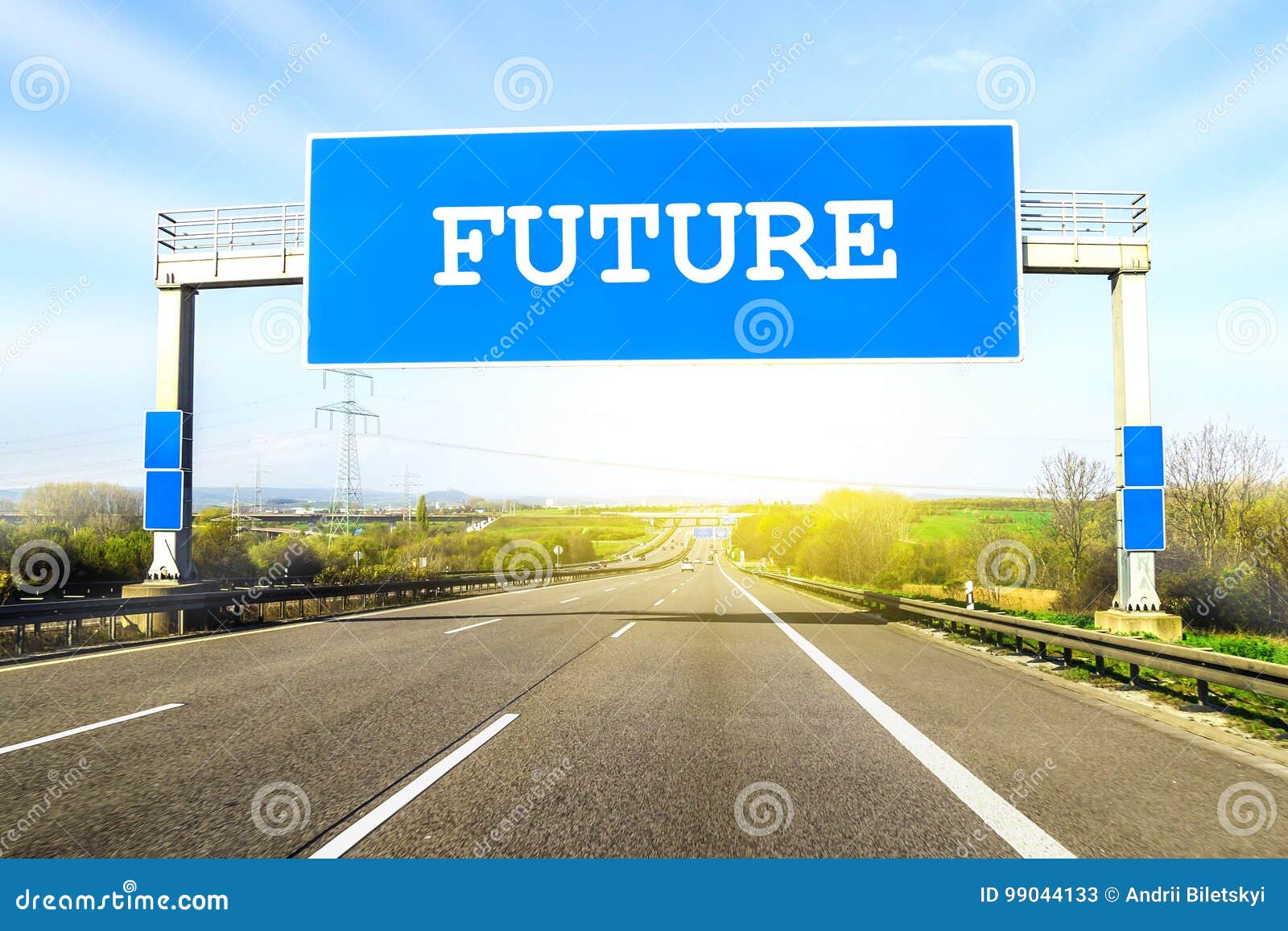 Blue Freeway Sign Over the Road on Sunny Day with Word Future on Stock ...