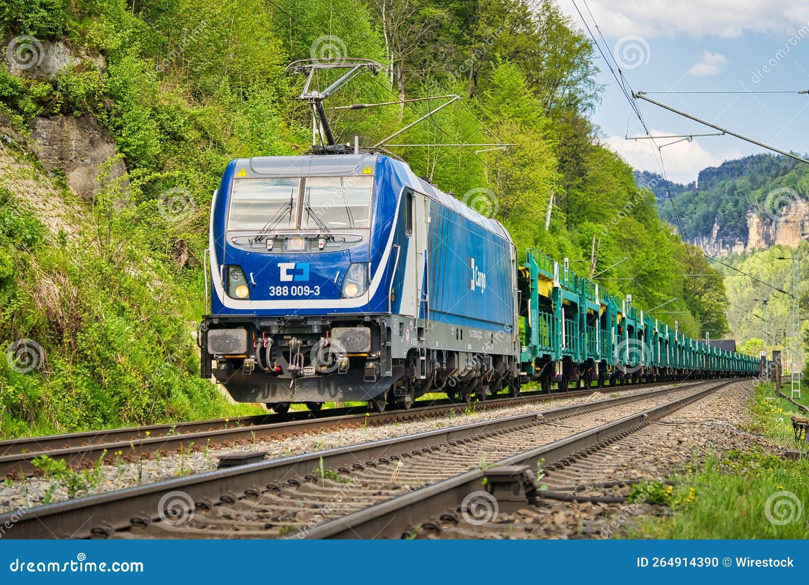 Blue Freight Train on the Railway with a Forest in the Background ...
