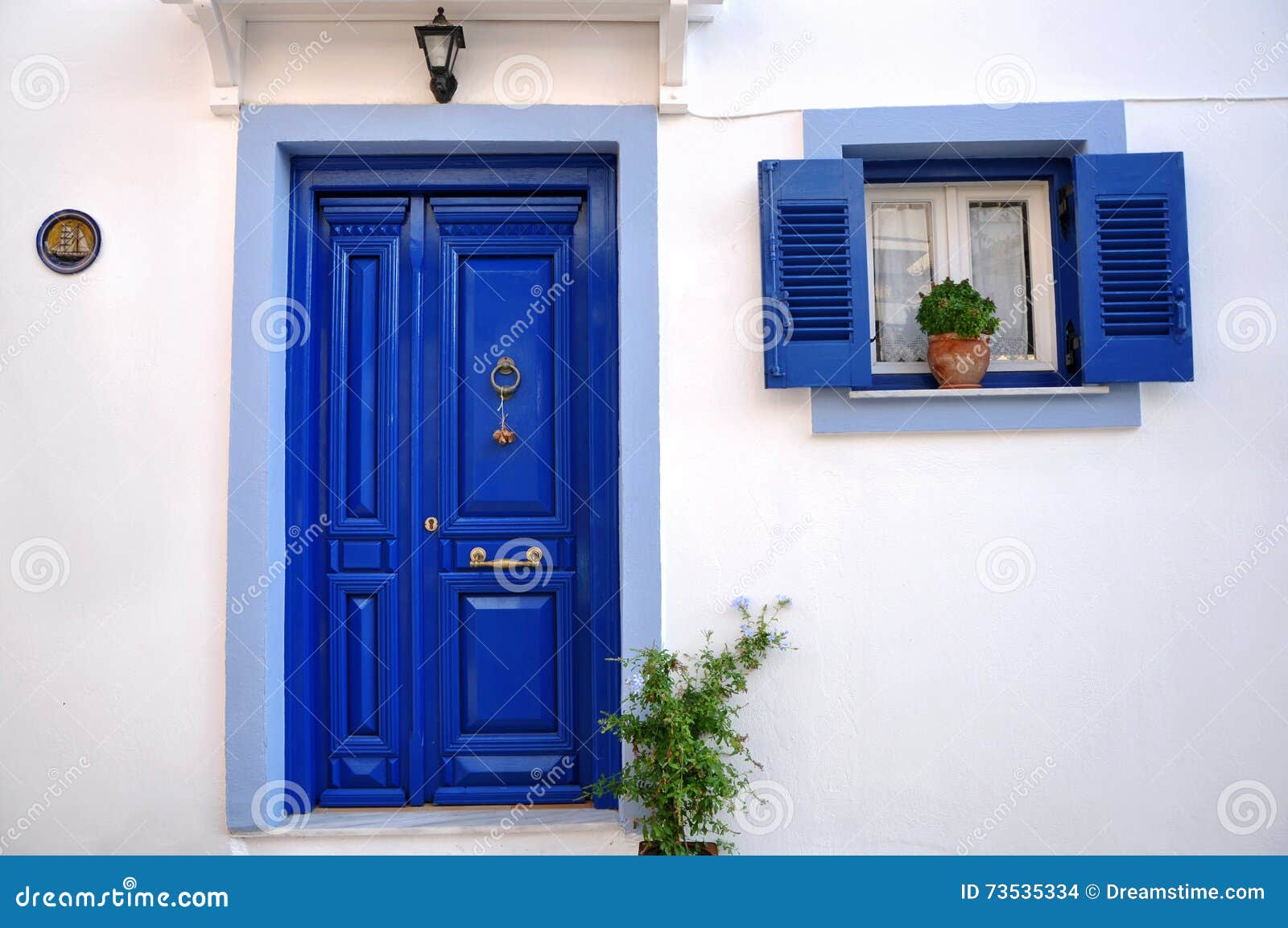 Blue Front Door and Window in Greece Stock Photo - Image of entry, blue ...