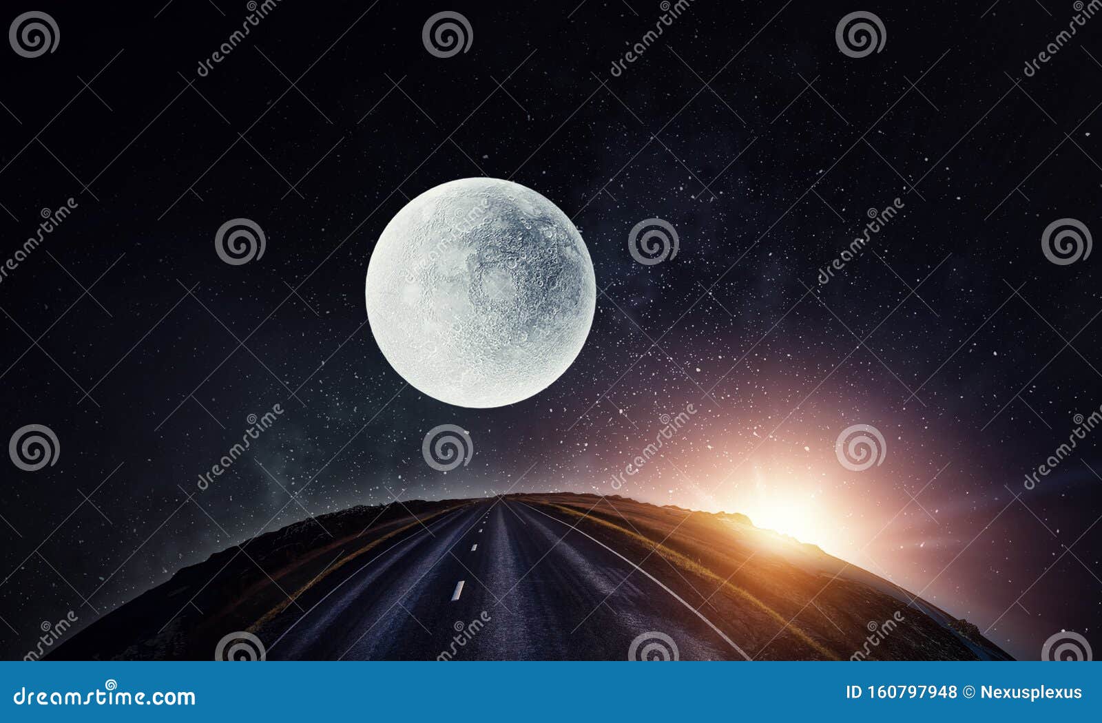Blue Full Moon Over Dark Night Road. Mixed Media Stock Illustration ...