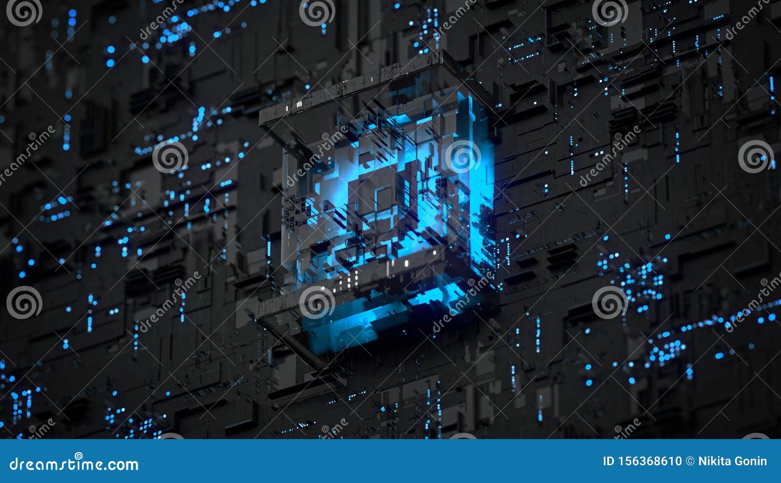 Blue Futuristic CPU on Board 3D Rendering Illustration Stock ...