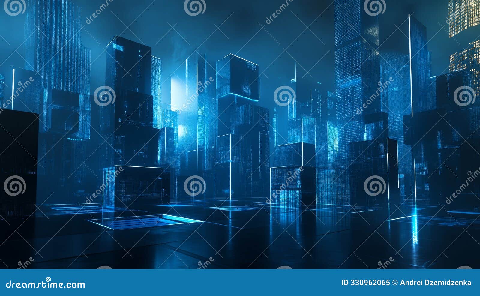 A Blue Futuristic Technology Background with Cubes. a Hi-tech City in ...