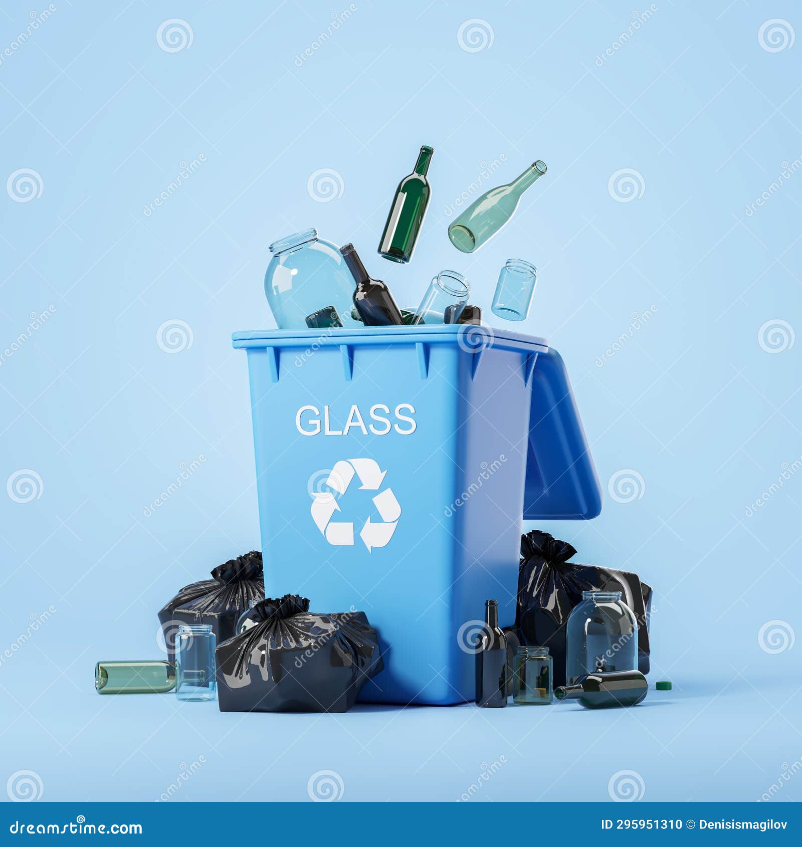 Blue Garbage Bin with Glass Waste Stock Illustration - Illustration of ...