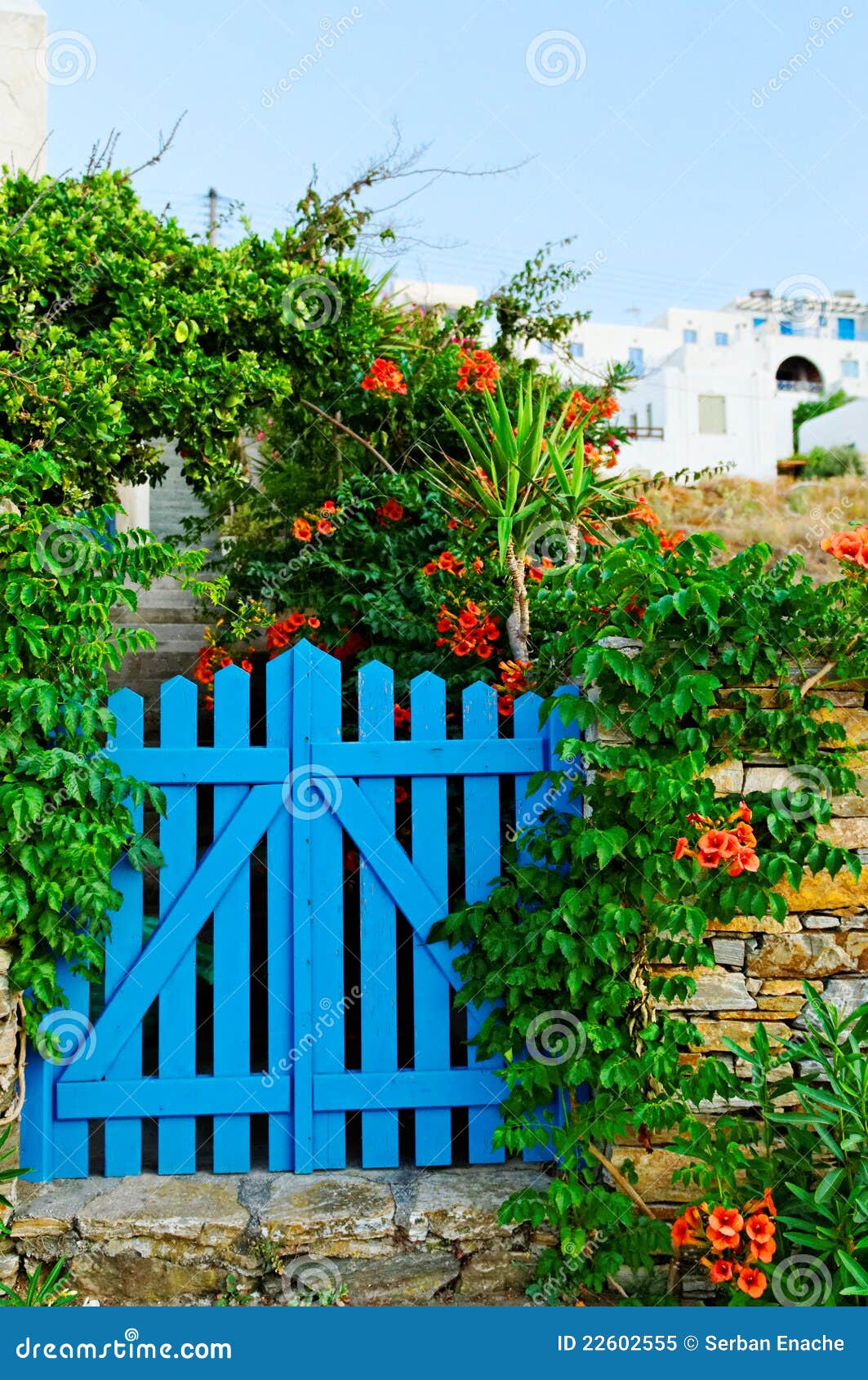 Blue garden gate stock image. Image of home, greek, greece - 22602555