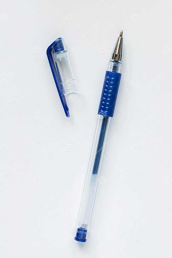 Blue Gel Pen with Open Pen Cap on White Background. Stock Image - Image ...