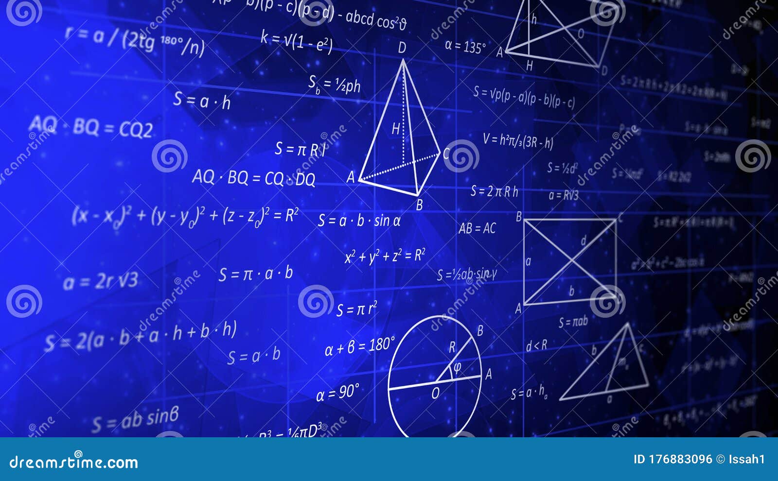 Blue Geometry Concept Background with Formula, Theorems and Geometric ...