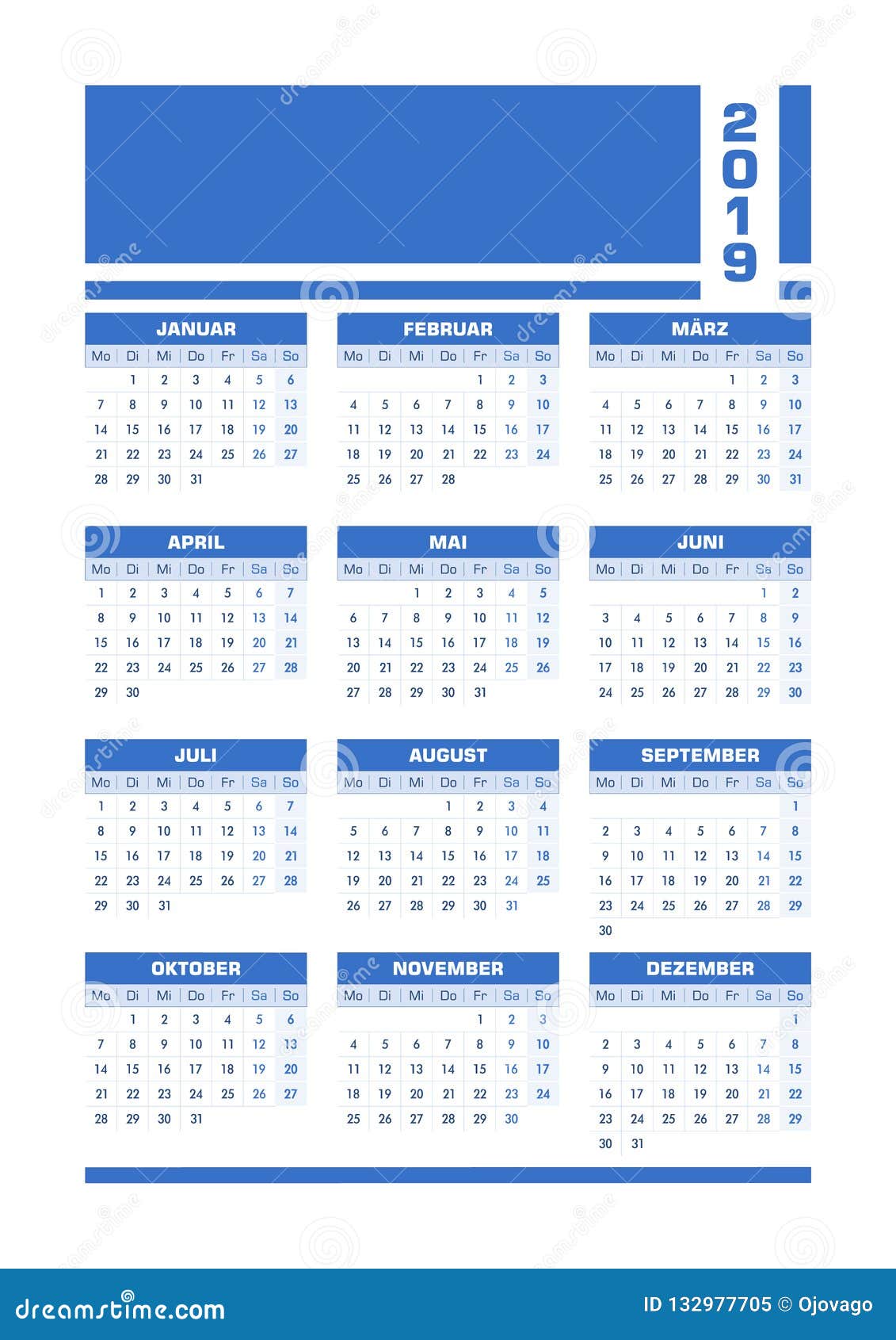Blue 2019 German calendar stock vector. Illustration of work - 132977705