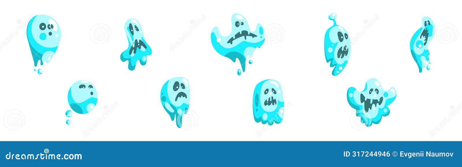 Blue Ghost Character with Scary Face Grimace Vector Set Stock Vector ...
