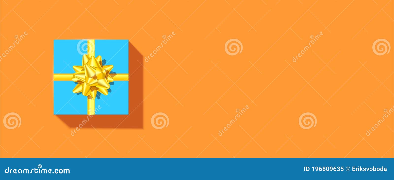 Blue Gift Box with Golden Ribbon and Bow on Orange Background ...