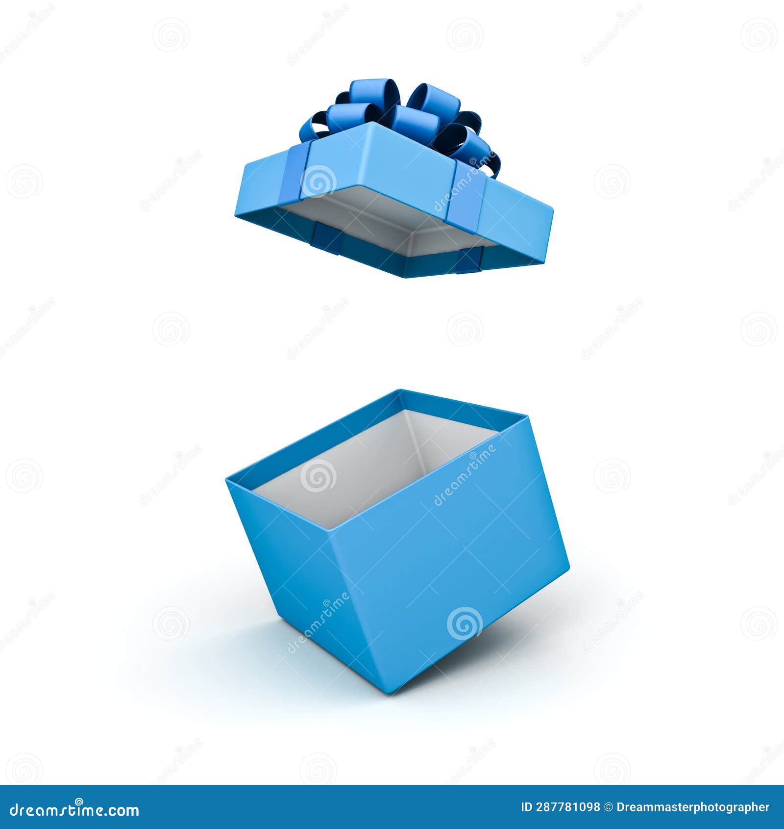 Blue Gift Box or Open Present Box with Blue Ribbon and Bow Isolated on ...