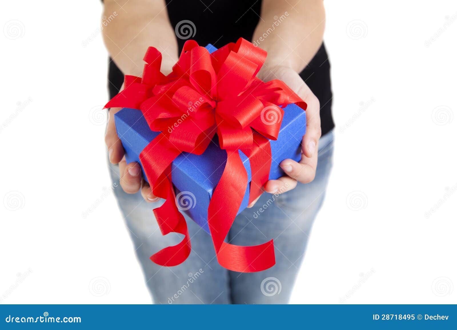 Blue Gift Box with Red Ribbon Stock Image - Image of give, hand: 28718495