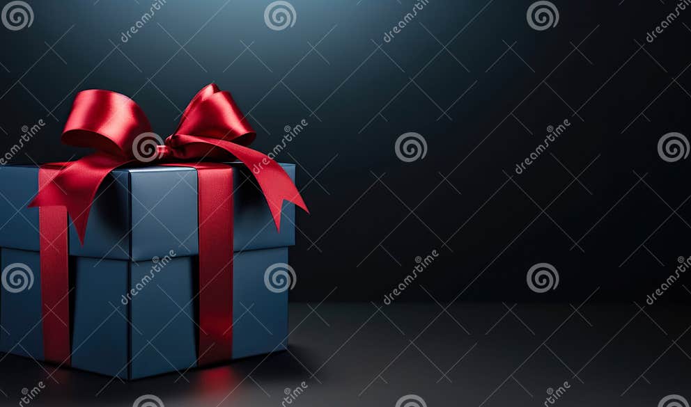 A Blue Gift Box with a Red Ribbon Stock Image - Image of object, season ...