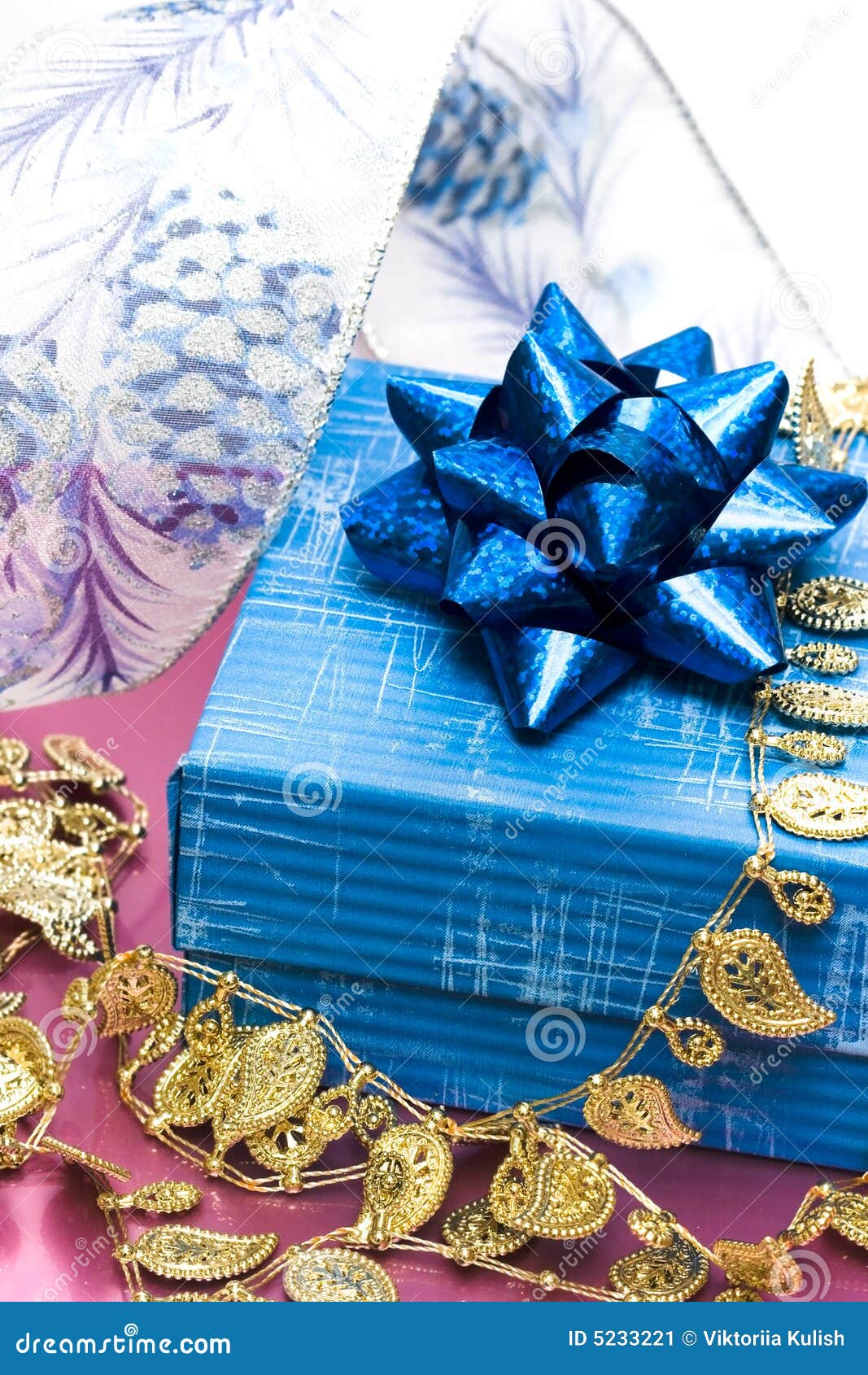Blue gift box with ribbon stock image. Image of close - 5233221