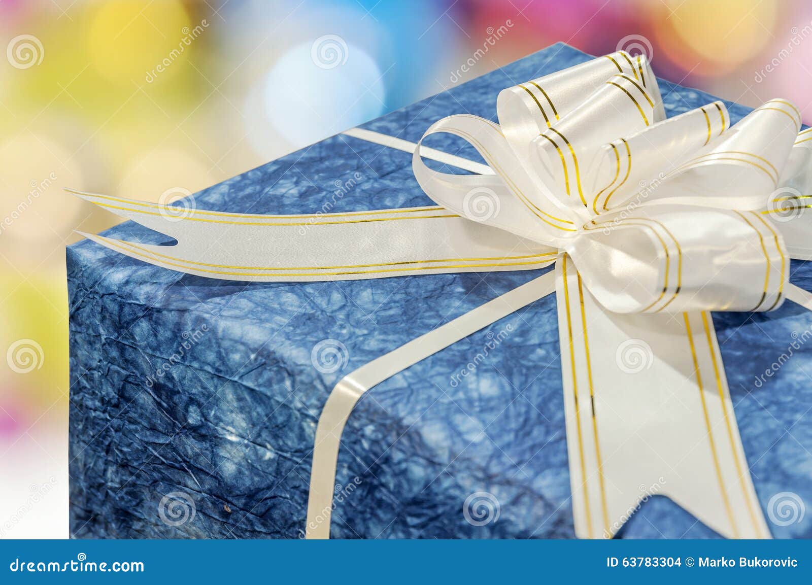 Blue Gift Box with White and Golden Ribbon and Bow Stock Photo - Image ...