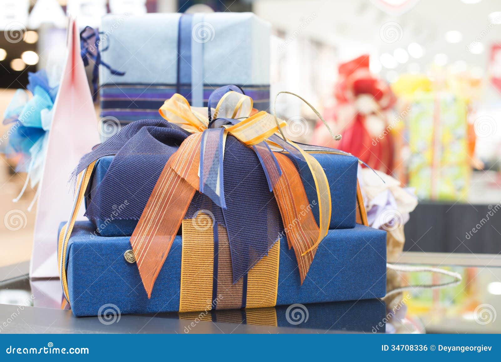 Blue Gift Boxes in Shopping Center Stock Photo - Image of holiday ...