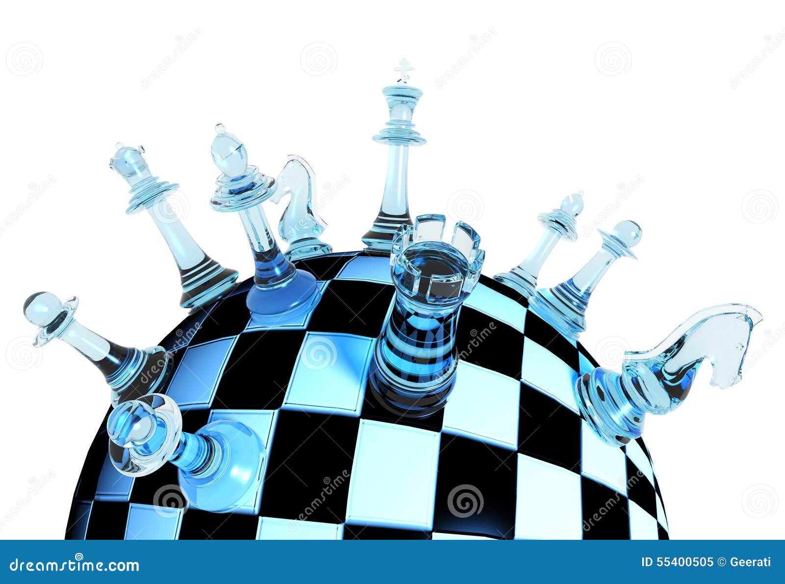 Blue Glass Chess Pieces on Globe Chess Board on White Background Stock ...
