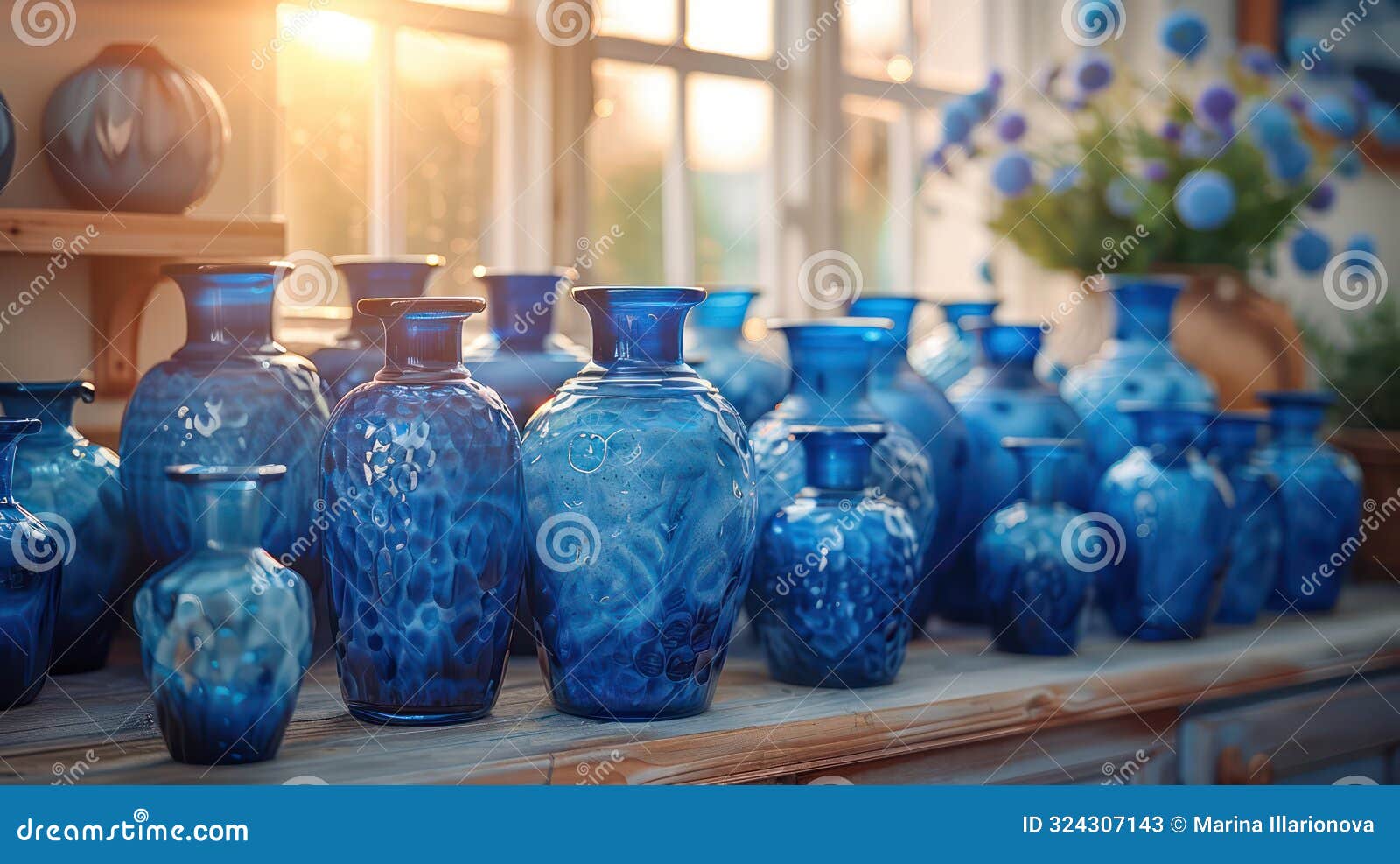 Blue Glass Craft Vases and Bottle on Windowsill in Workshop, Hand Made ...