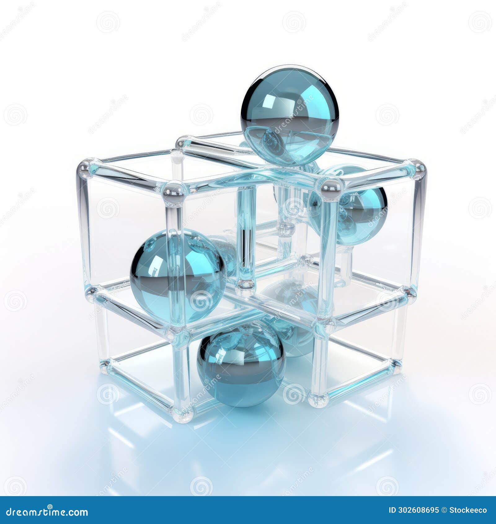 Futuristic Cad Design: Blue and White Cube with Glass Spheres Stock ...
