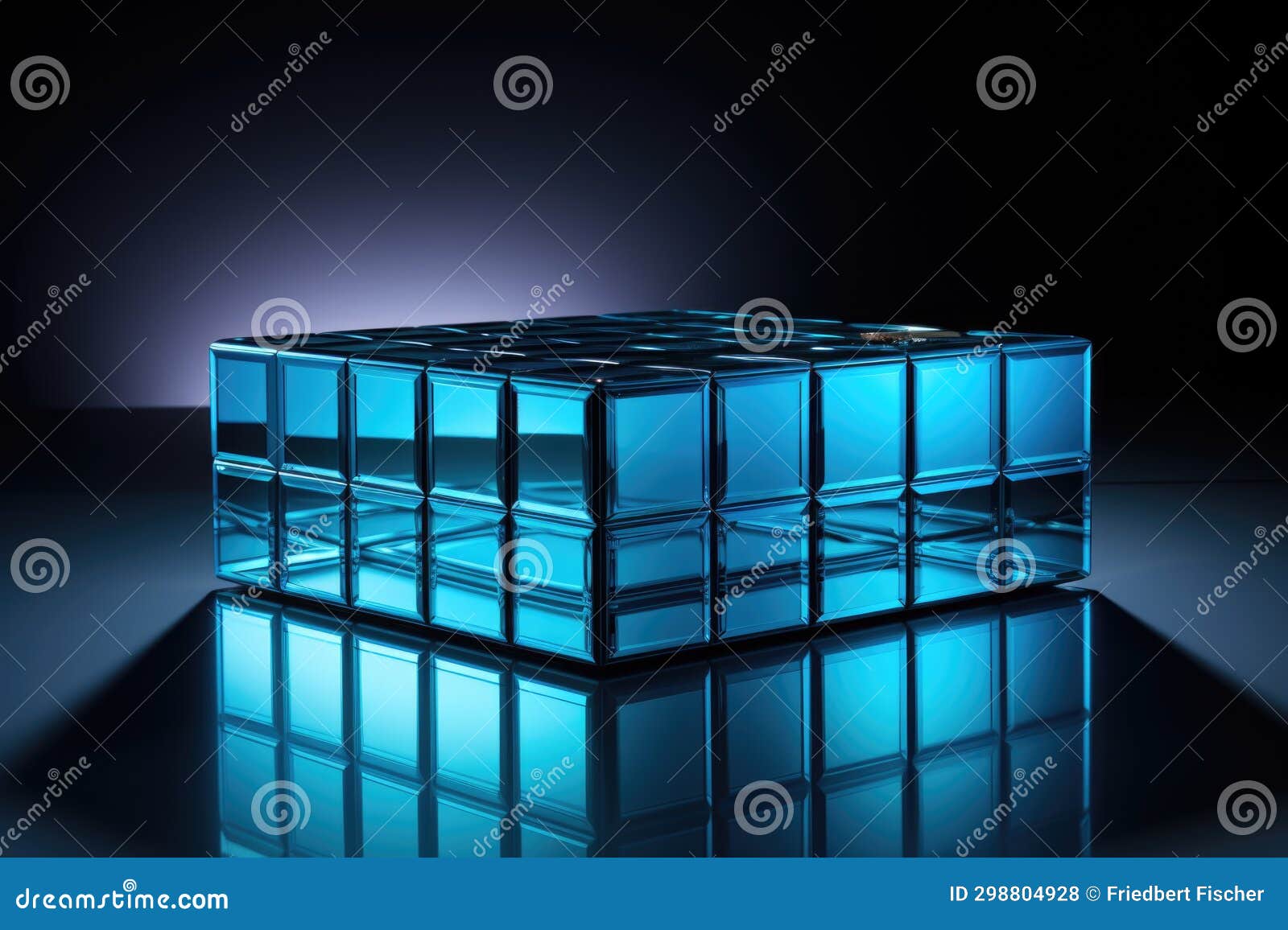 A Blue Glass Cube with a Reflection on a Black Surface Stock ...