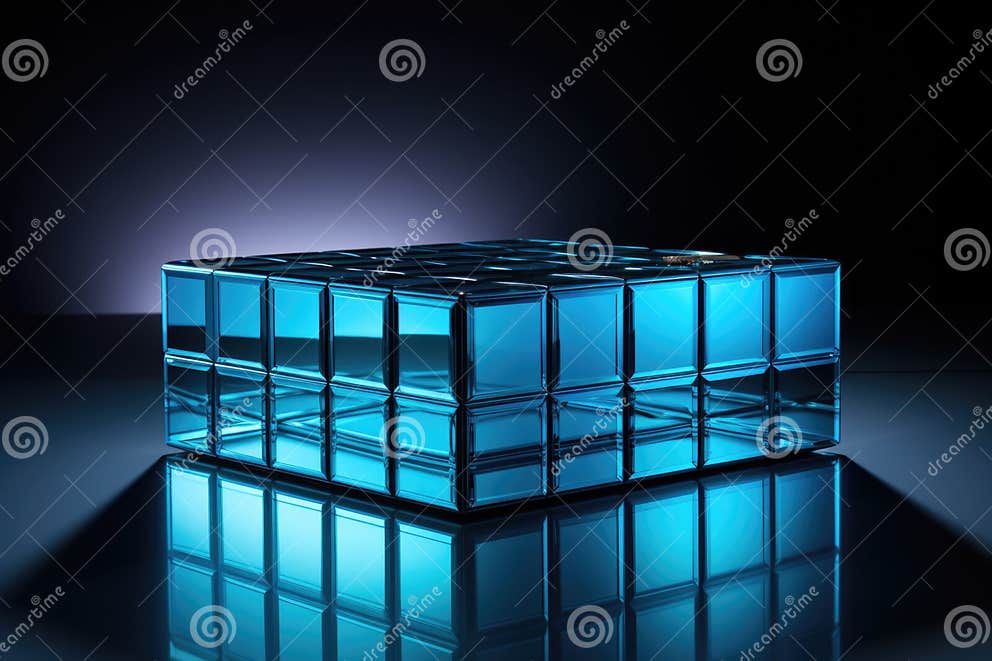 A Blue Glass Cube with a Reflection on a Black Surface Stock Illustration - Illustration of ...