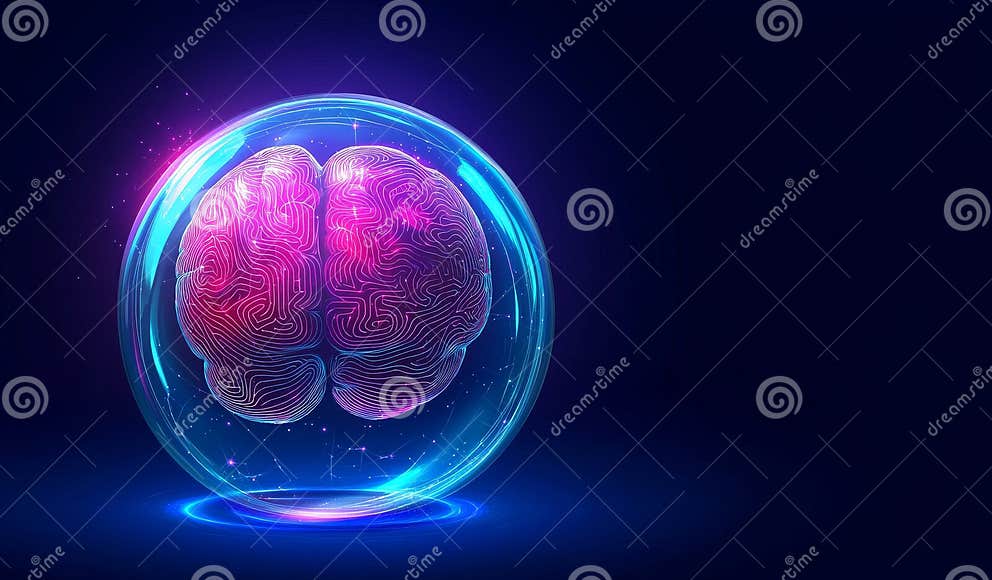 In a Blue Glass Dome, There is an Abstract Brain with a Neon Shield ...