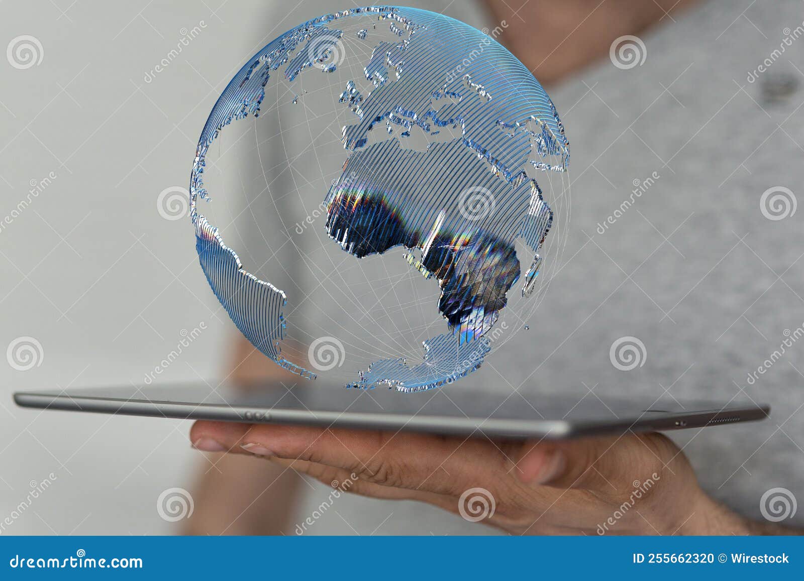 Blue Globe Flying Over the Tablet Screen - World Network Concept Stock ...