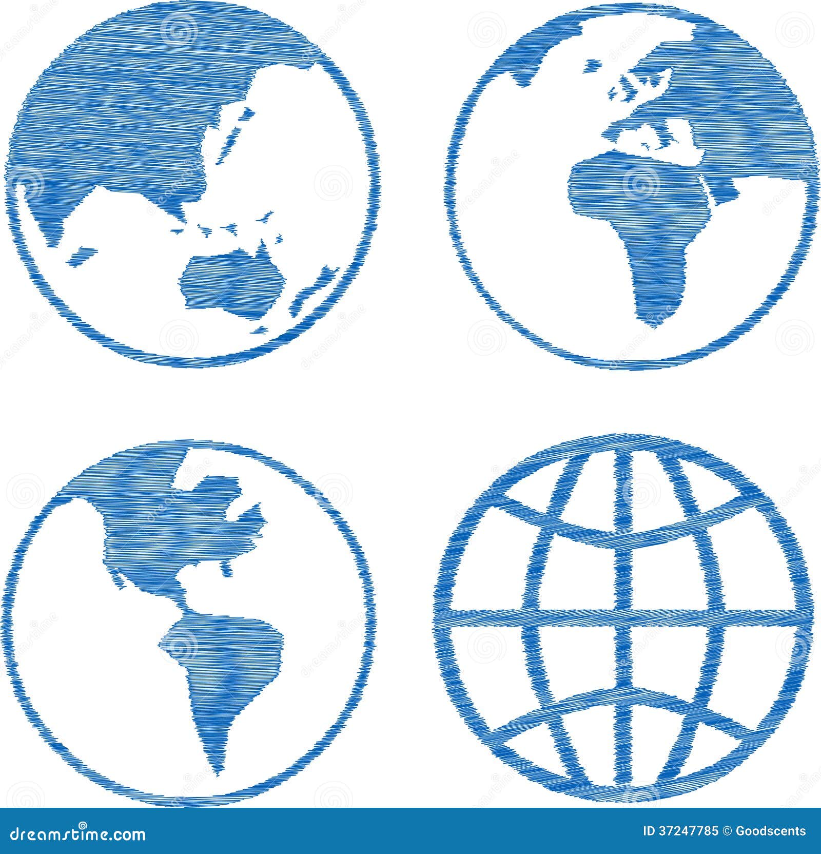 Blue Globe Rubber Stamp Set Sketchy Stock Illustration - Illustration ...