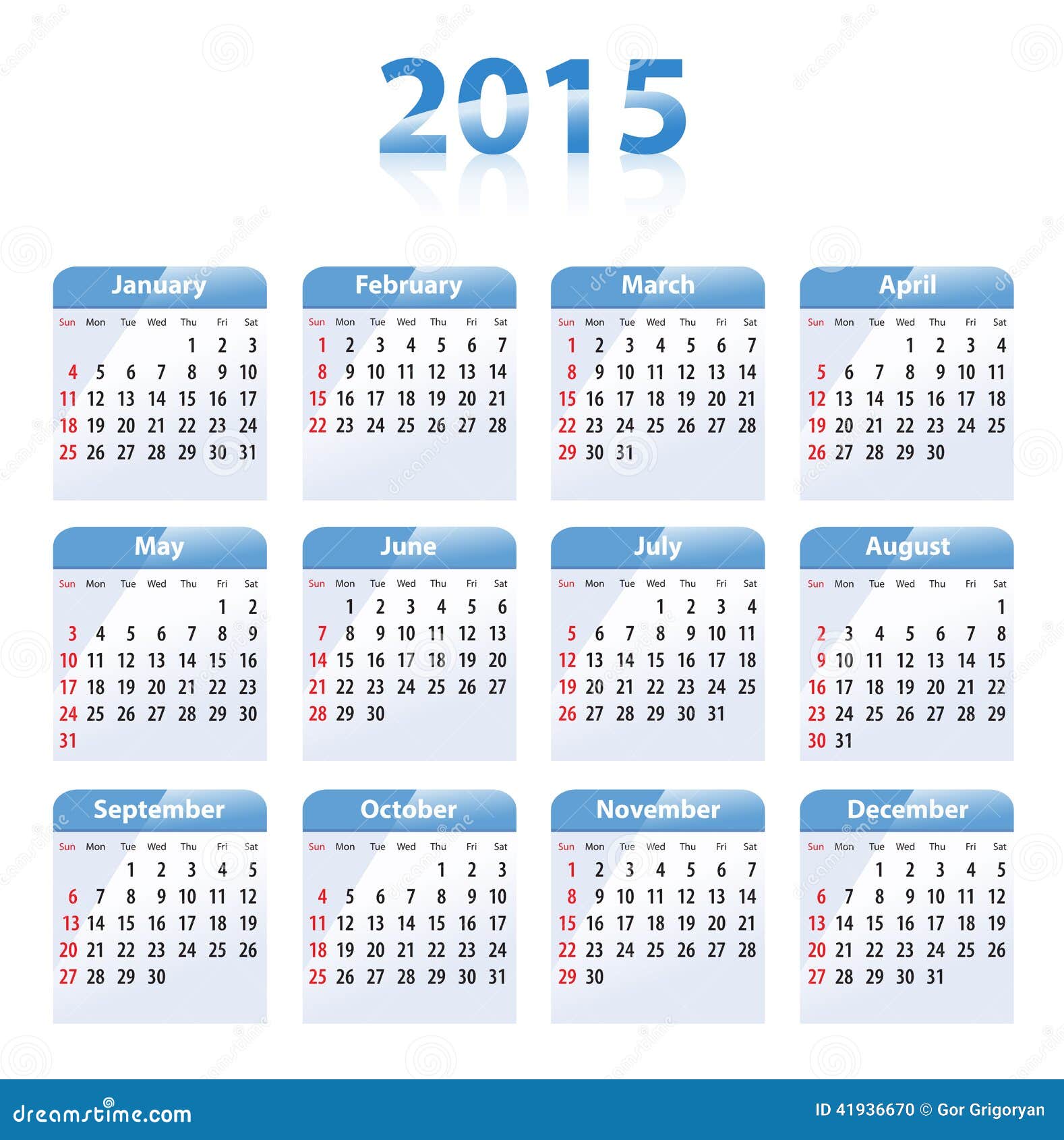 Blue Glossy Calendar for 2015 in English. Sundays First Stock Vector ...