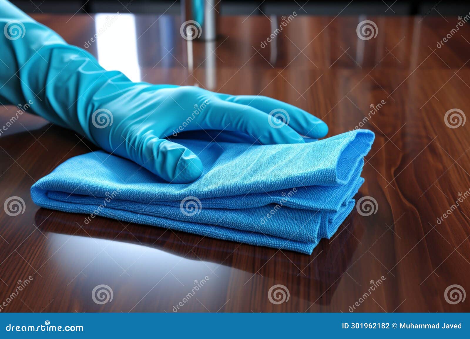 Blue Gloved Hand Caresses the Table, Ensuring Pristine Cleanliness ...