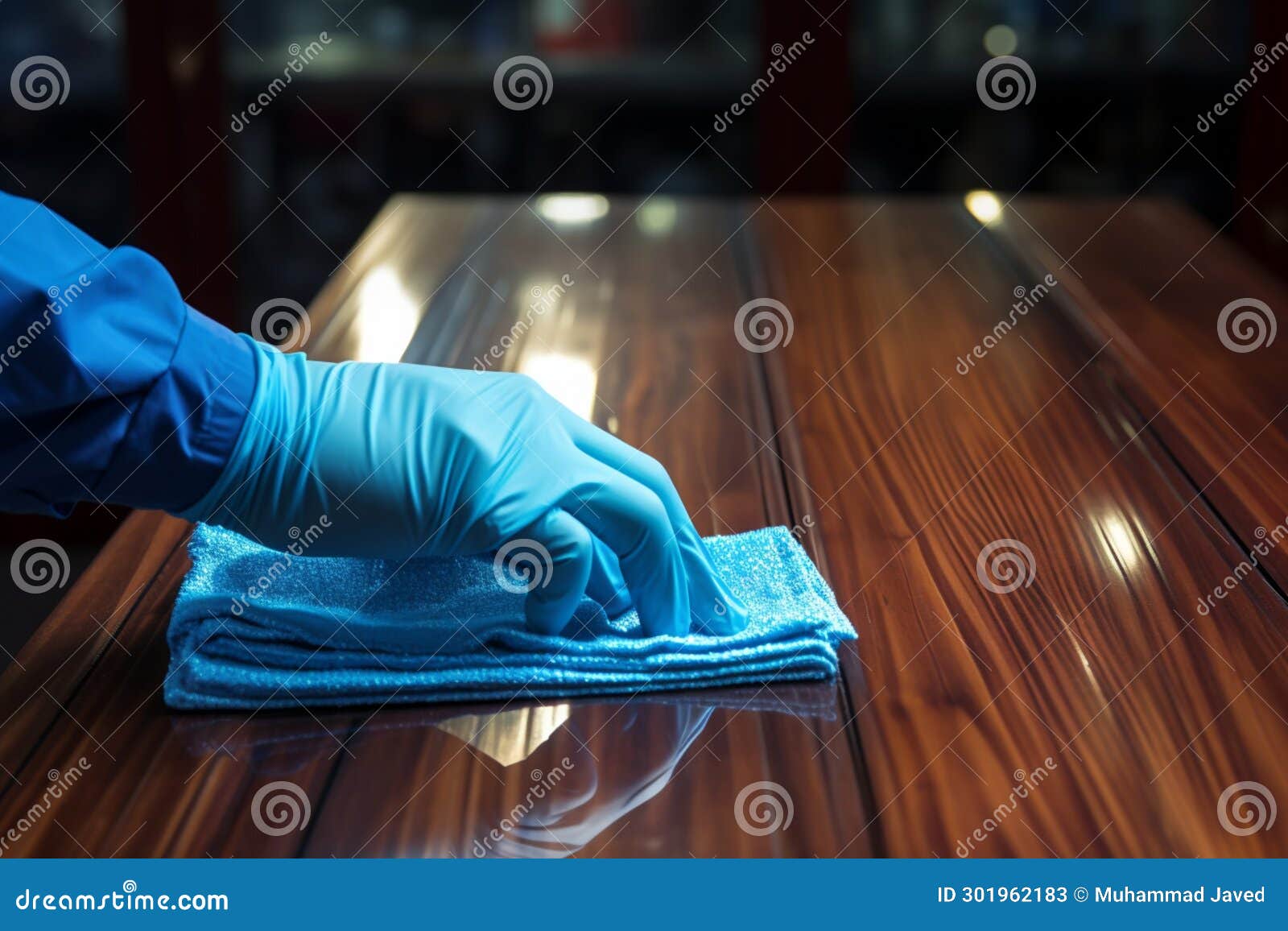 Blue Gloved Hand Caresses the Table, Ensuring Pristine Cleanliness ...