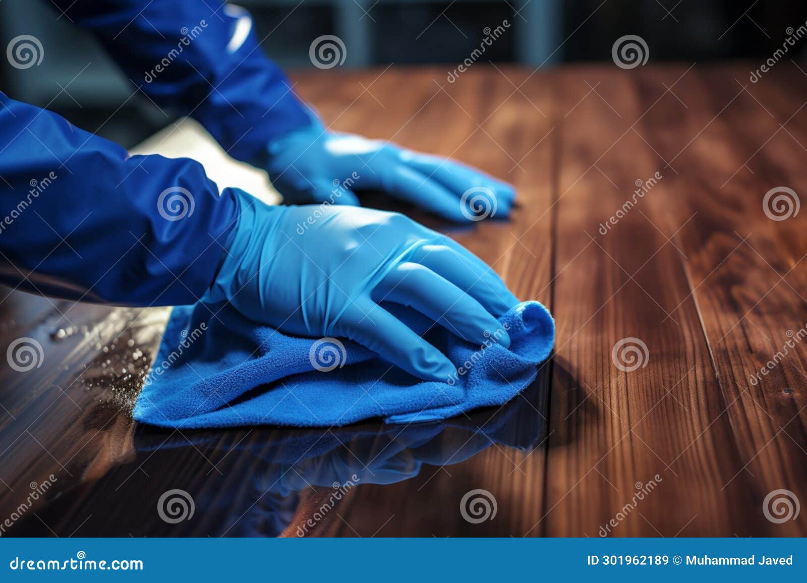 Blue Gloved Hand Caresses the Table, Ensuring Pristine Cleanliness ...